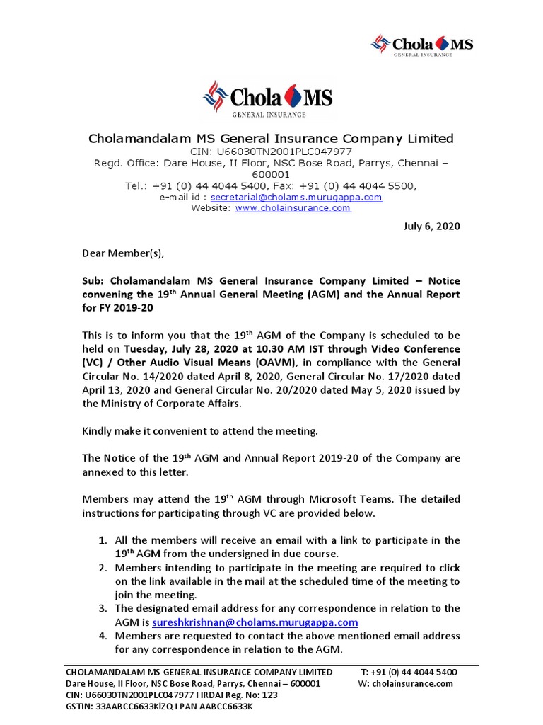 Chola MS Insurance Annual Report 2019 20 | PDF | Reinsurance | Insurance
