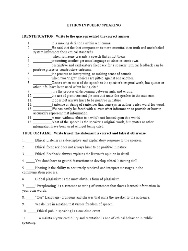 Ethics in Public Speaking - Questions | PDF | Public Speaking | Plagiarism