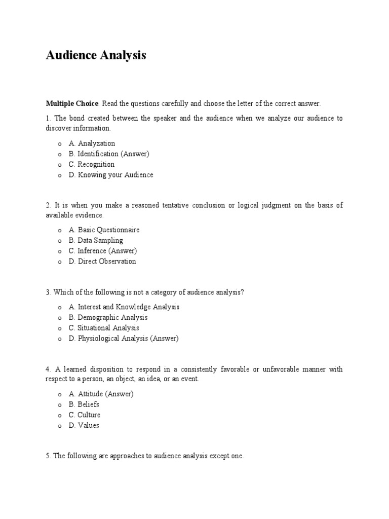 Audience Analysis: Multiple Choice. Read The Questions Carefully and ...