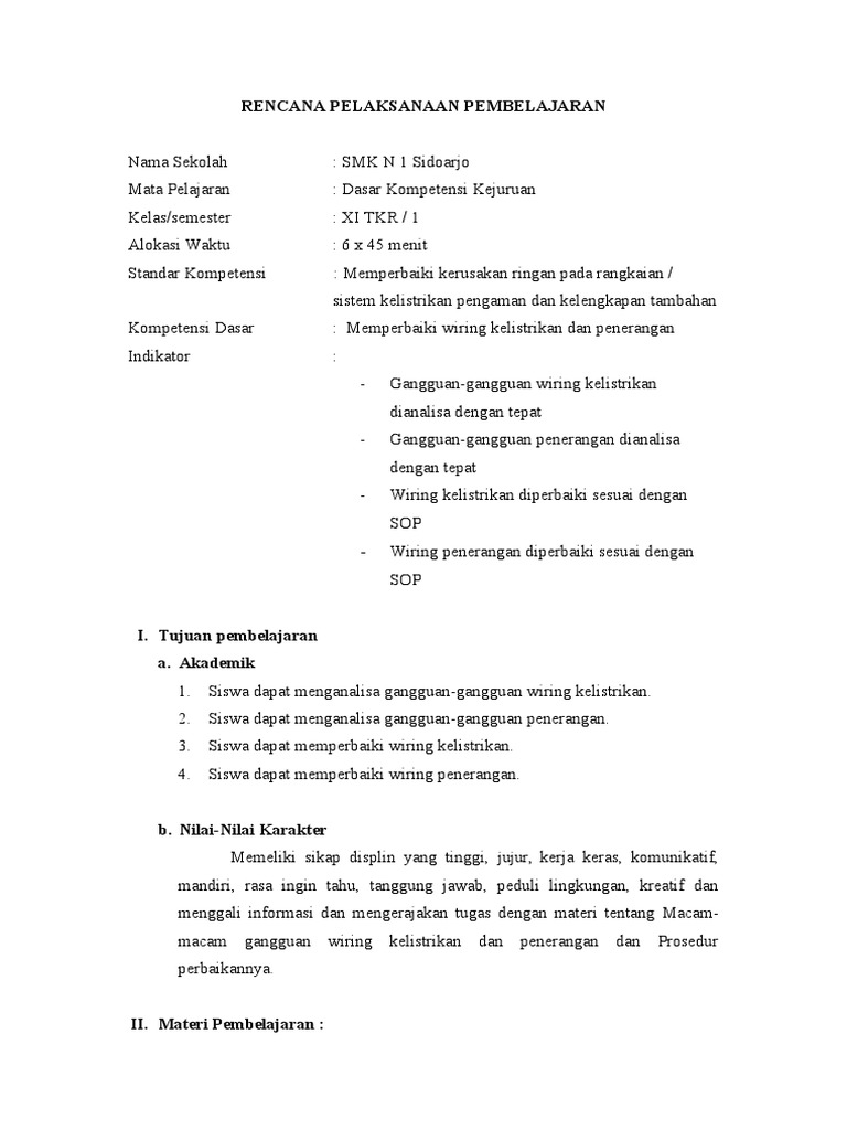RPP Perbaikan Wiring Kelistrikan SMK | PDF