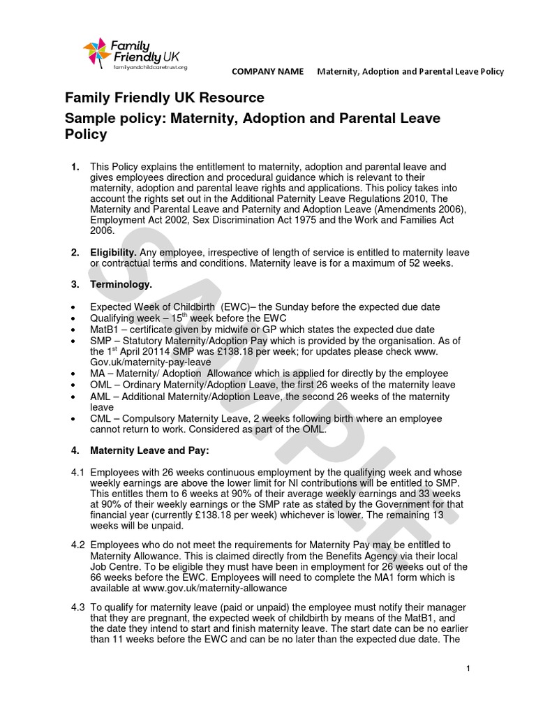 Family Friendly UK Resource Sample Policy: Maternity, Adoption and ...