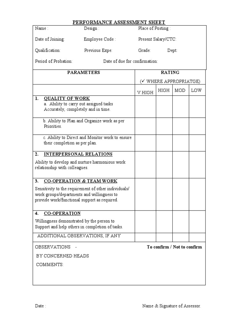 Performance Assessment Sheet: Parameters Rating | PDF