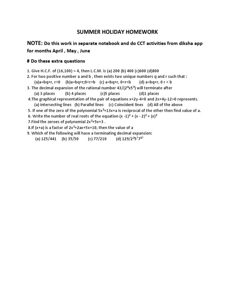 Summer Holiday Homework Class X | PDF | Polynomial | Numbers