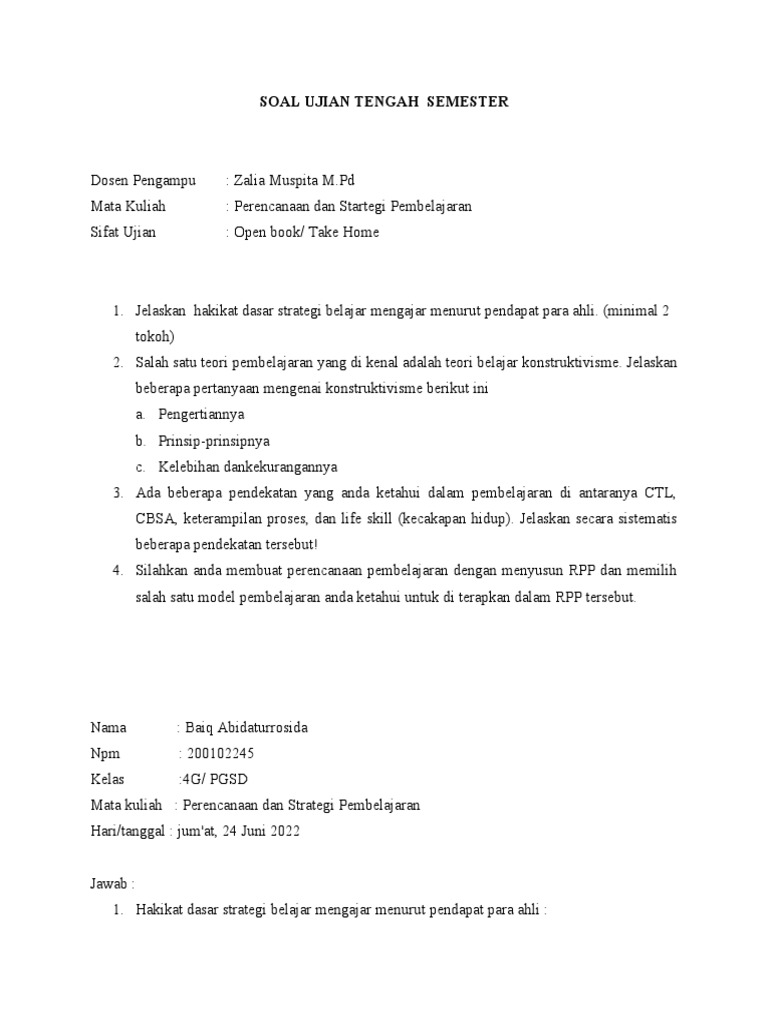 Uts Strategi Pembelajaran Abida | PDF | Pengembangan Diri