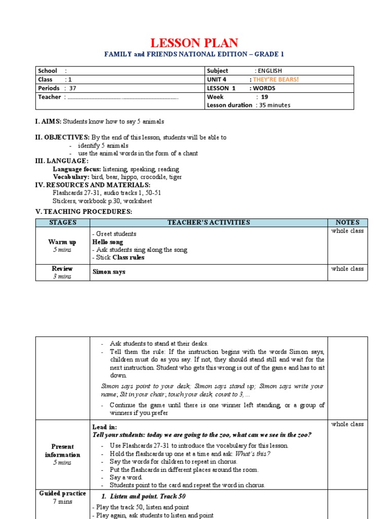 Lesson Plan: Family and Friends National Edition - Grade 1 | PDF ...