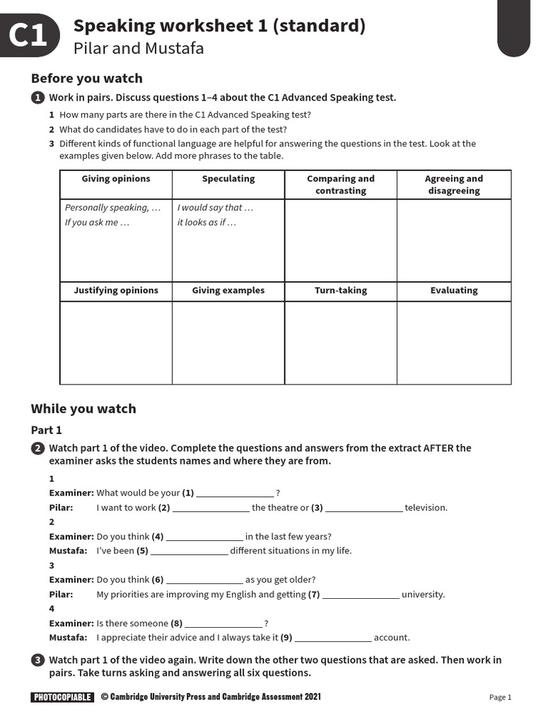 C1 Advanced Speaking Worksheet 1 | PDF | Test (Assessment) | Question