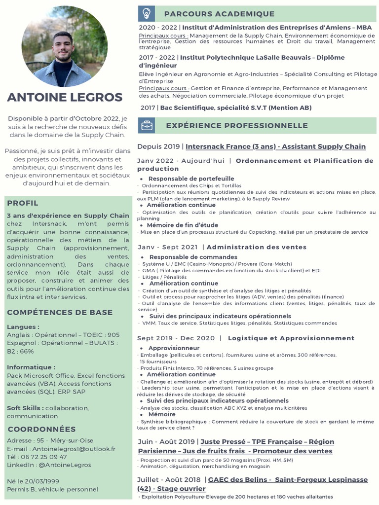 CV Antoine Legros | PDF | Business | Planification