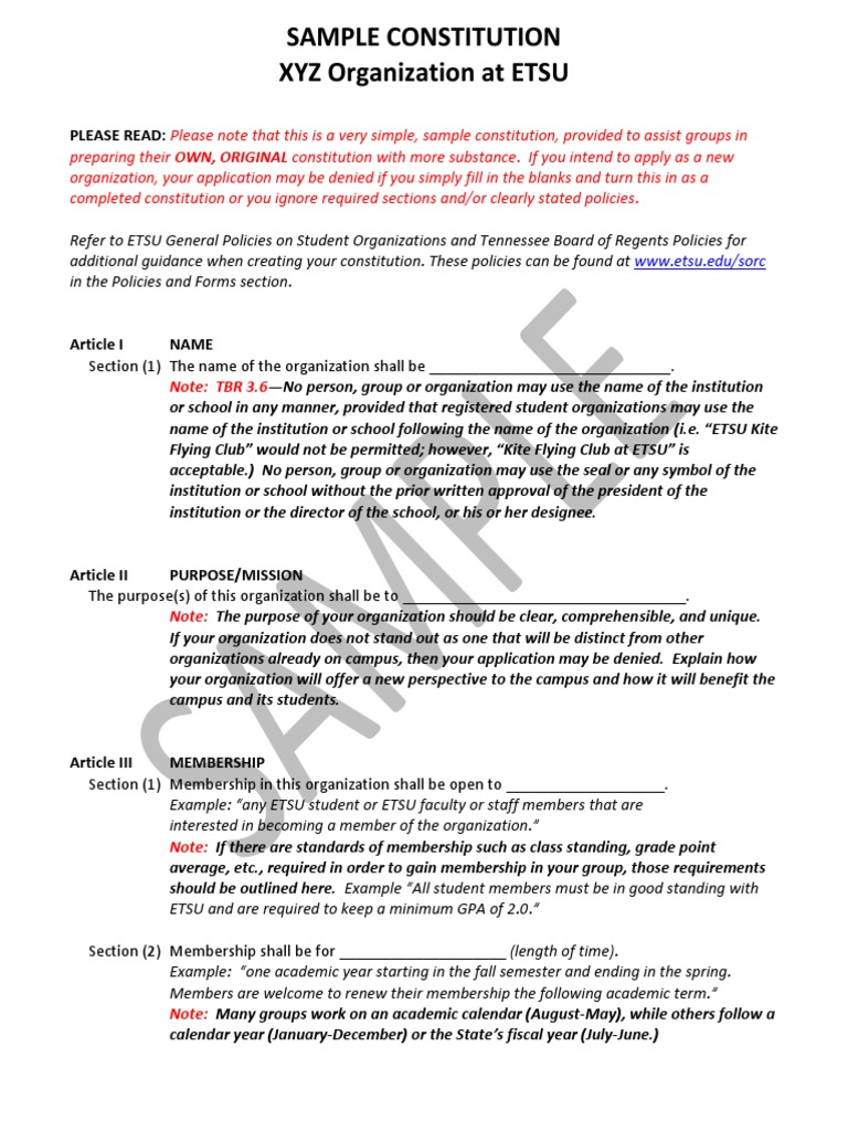 Sample Constitution XYZ Organization at ETSU: Please Read | PDF ...