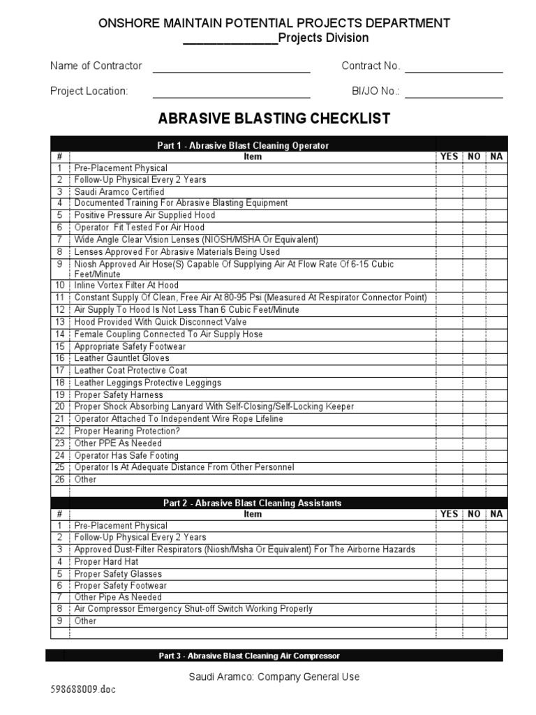 L6.01 Abrasive Blasting Check List | PDF | Personal Protective ...
