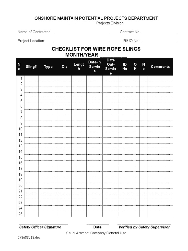 Onshore wire rope sling checklist projects maintenance | PDF