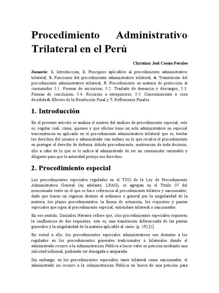 El Procedimiento Administrativo Trilateral. Christian Cossio Perales | PDF | Protección al ...