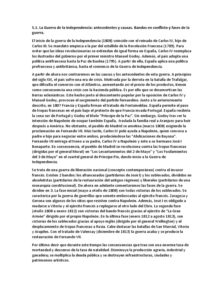 5 1 La Guerra De La Independencia Antecedentes Y Causas Bandos En