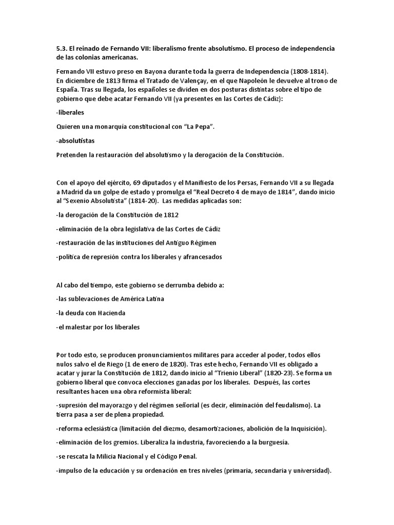 5.3. El Reinado de Fernando VII Liberalismo Frente Absolutismo. El Proceso de Independencia de ...