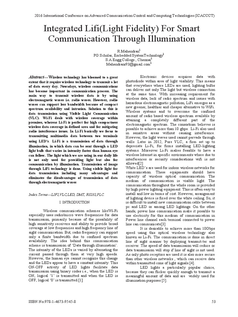 Integrated Lifi (Light Fidelity) For Smart Communication Through ...