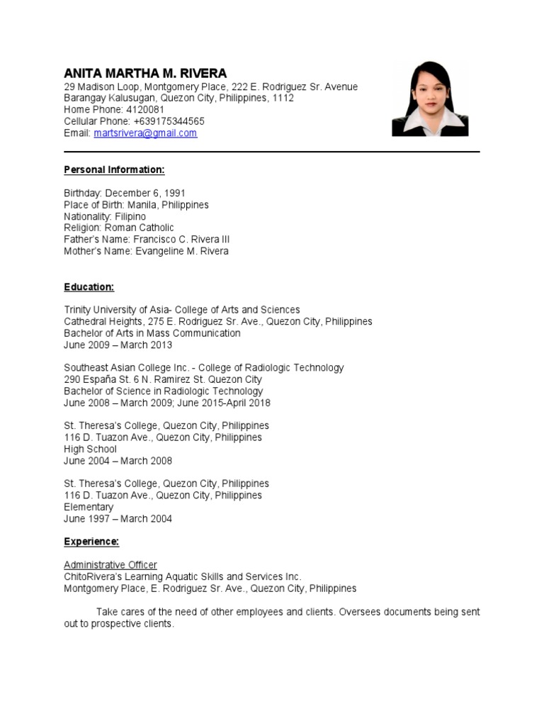 Anita Martha M. Rivera: Personal Information | Download Free PDF ...