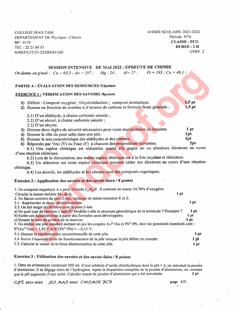 Chimie 1ereCD Probatoire Blanc College Jean Tabi Mai 2022 | PDF