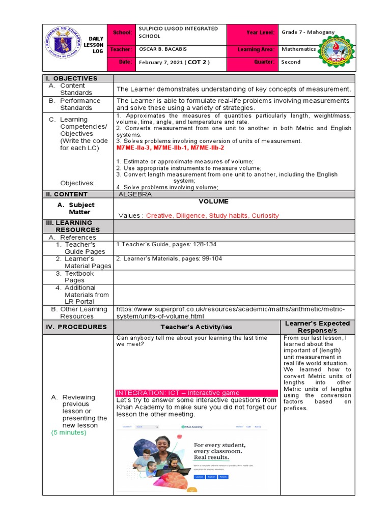 Math 7 Classroom Observation Lesson Plan 2 Final | PDF | Volume ...