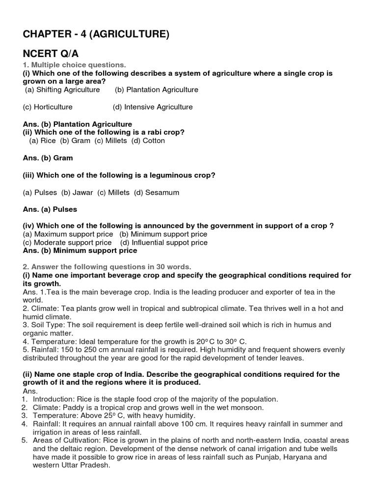 Chapter - 4 (Agriculture) Ncert Q/A: 1. Multiple Choice Questions | PDF ...