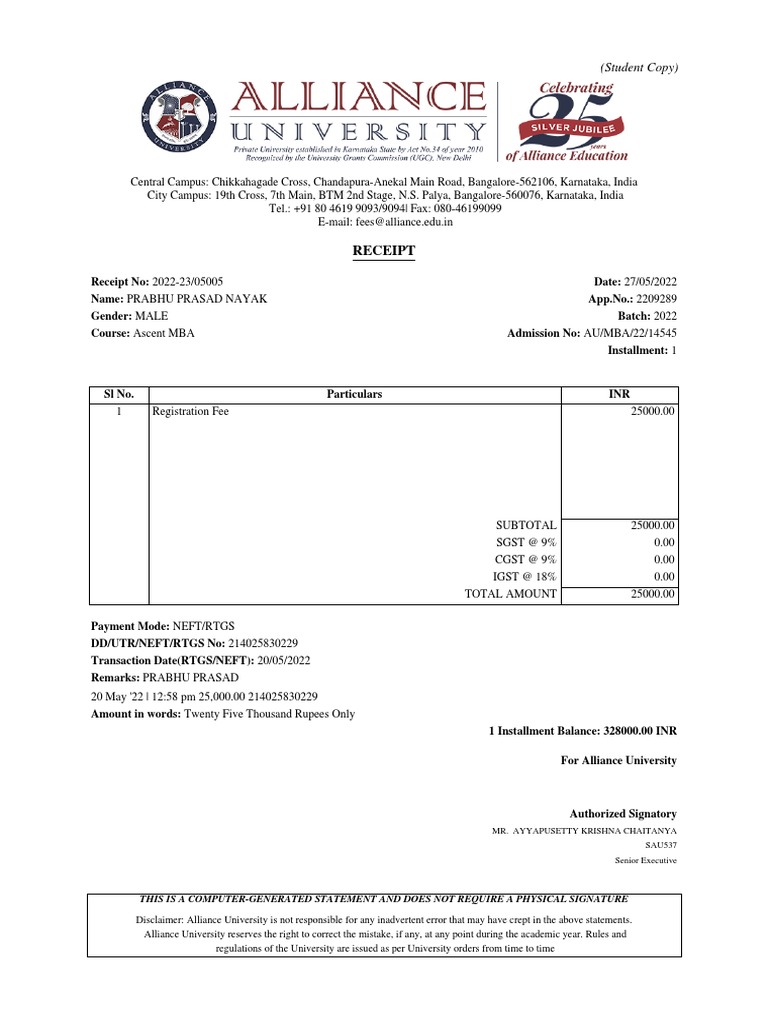 Student Receipt for Registration Fee Payment of Ascent MBA Program at ...
