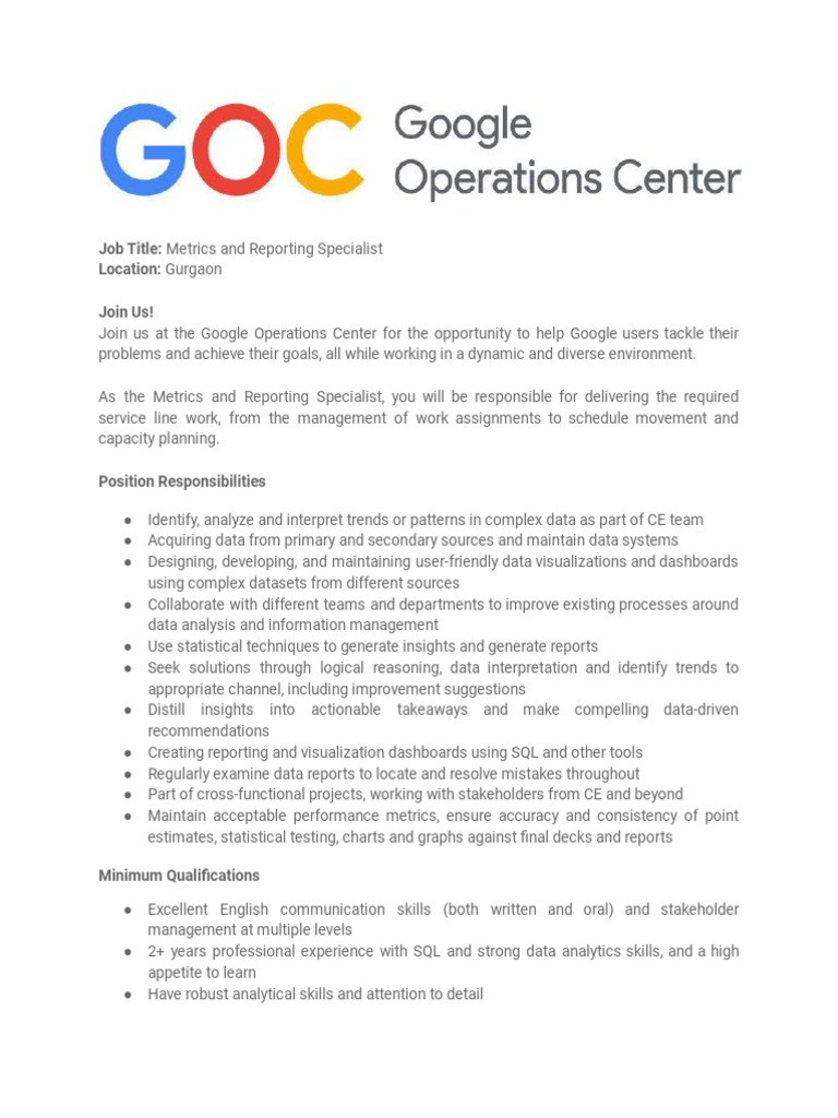 Metrics and Reporting Specialist - Creative Excellence | PDF | Data ...