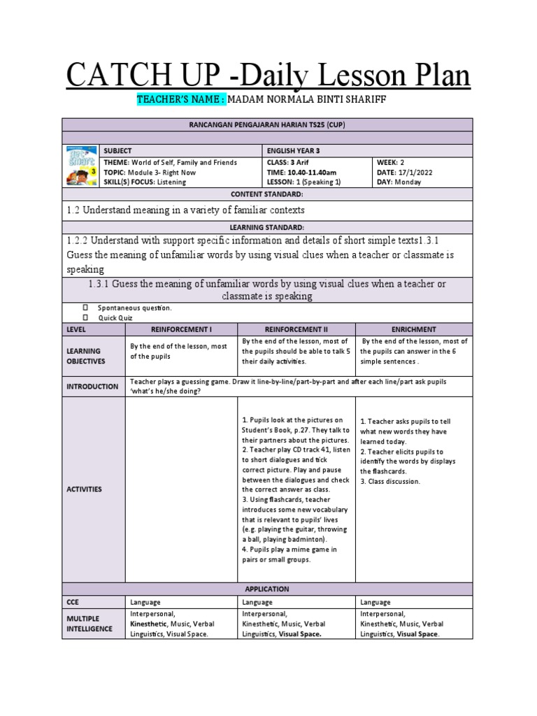 CATCH UP - Daily Lesson Plan | PDF | Lesson Plan | Learning