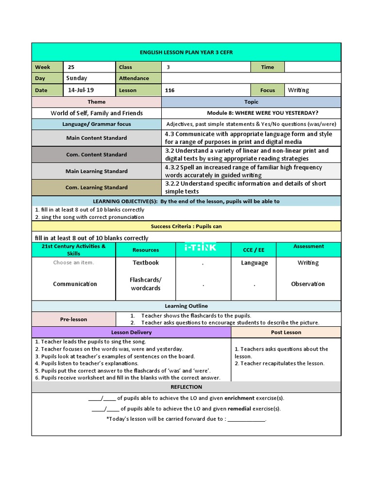 English Lesson Plan Year 3 Cefr | PDF | Lesson Plan | Teachers