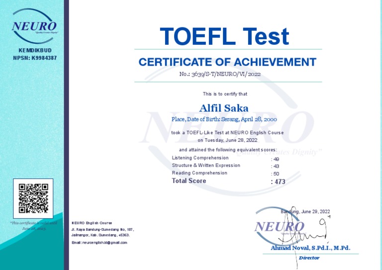 Toefl Test: Certificate of Achievement | PDF