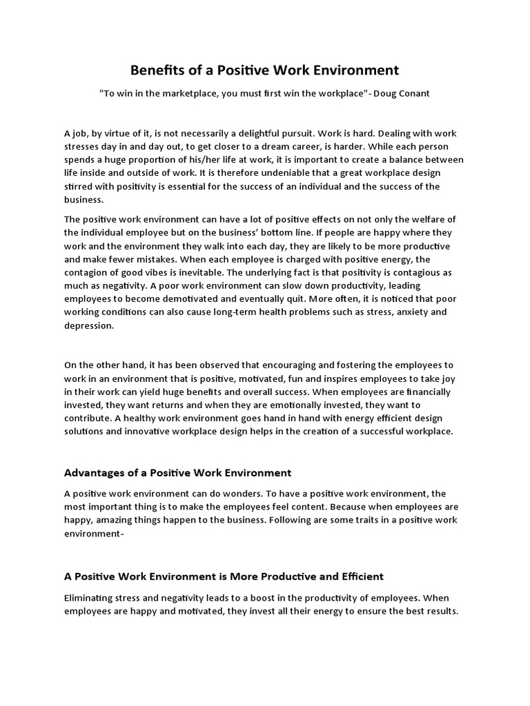 Benefits of A Positive Work Environment | PDF | Psychology ...