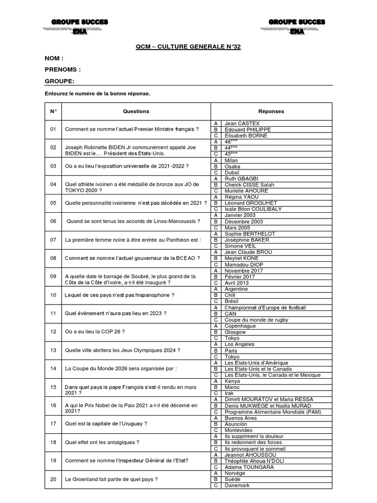 Qcm-Culture Generale N°32 Modifie | PDF