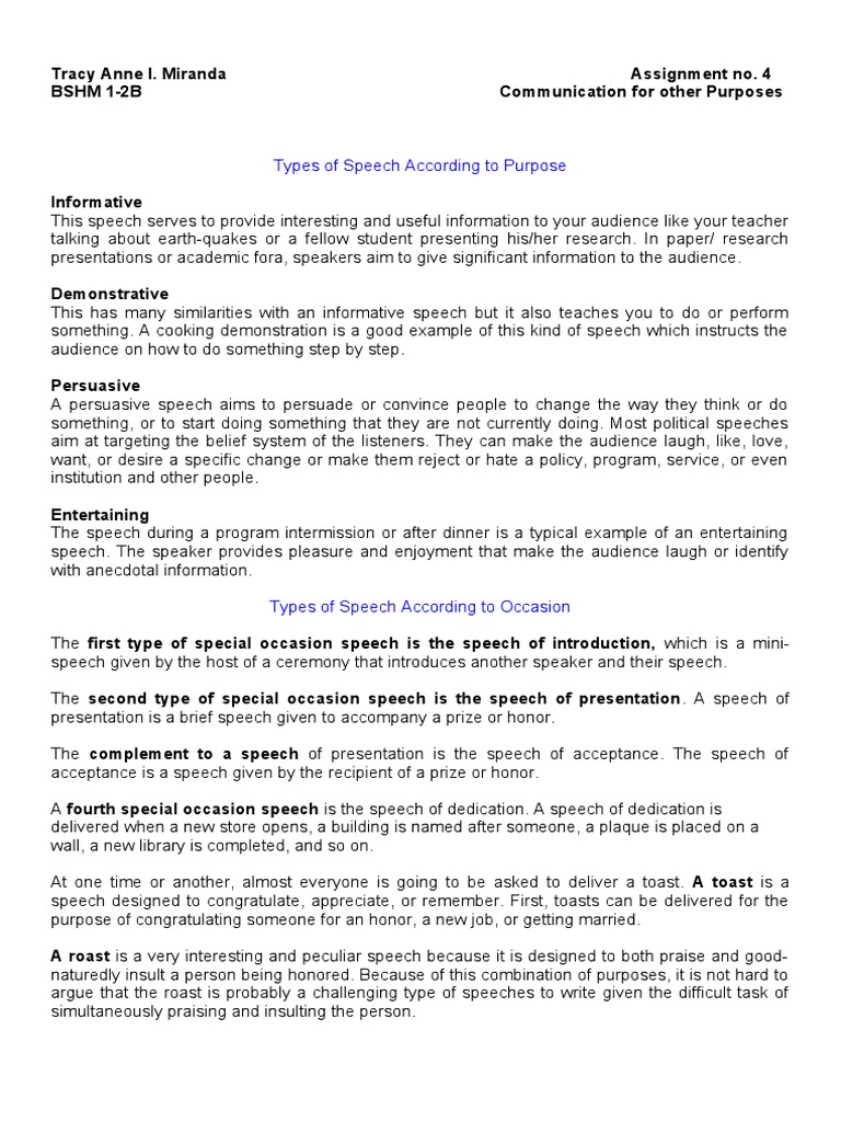 Types of Speech According To Purpose | Download Free PDF | Public Speaking