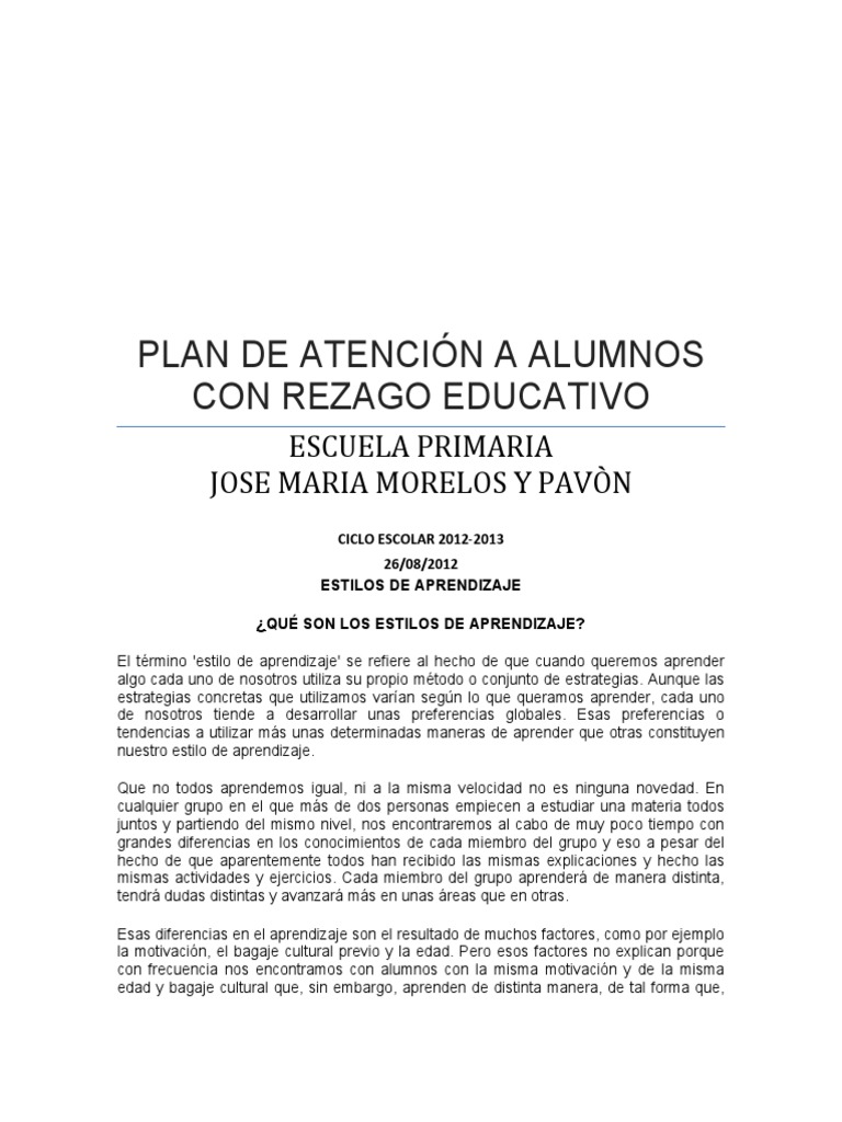 Plan Alumnos Con Rezago Educativo | PDF | Aprendizaje | Hemisferio cerebral