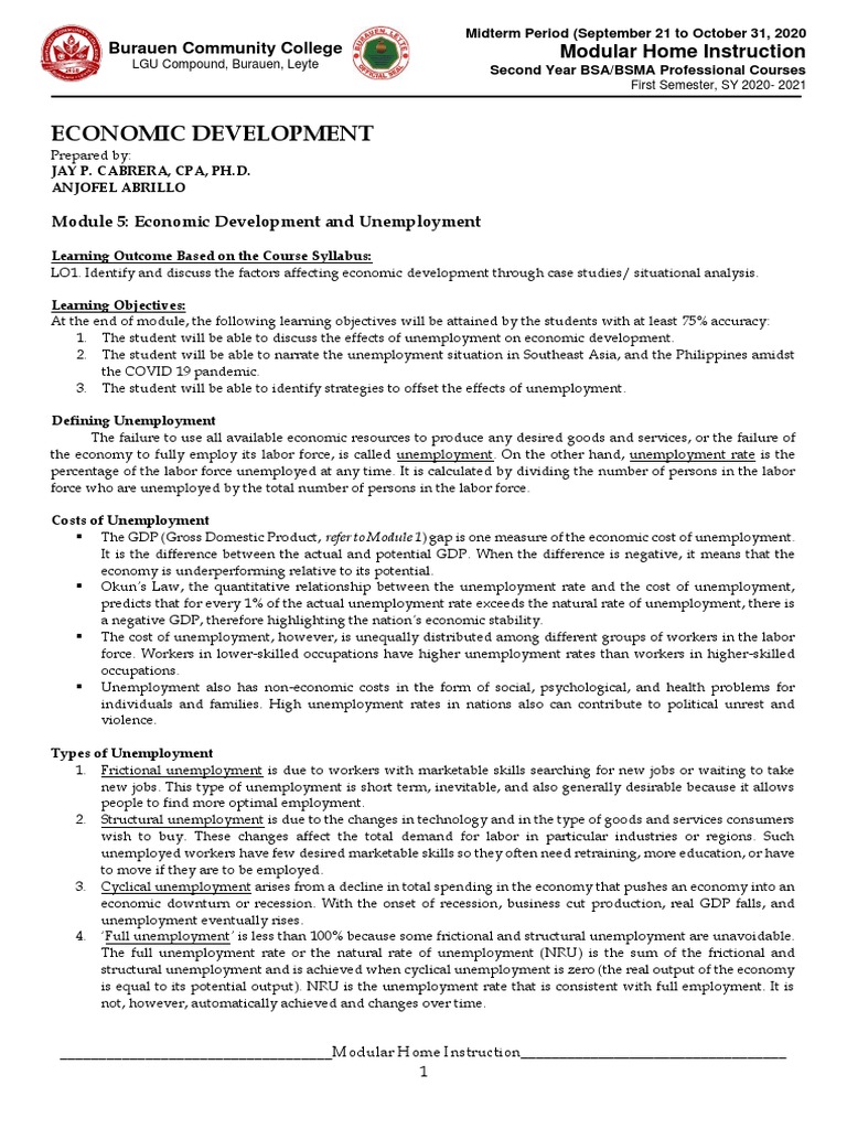 Economic Development: Burauen Community College | PDF | Unemployment ...