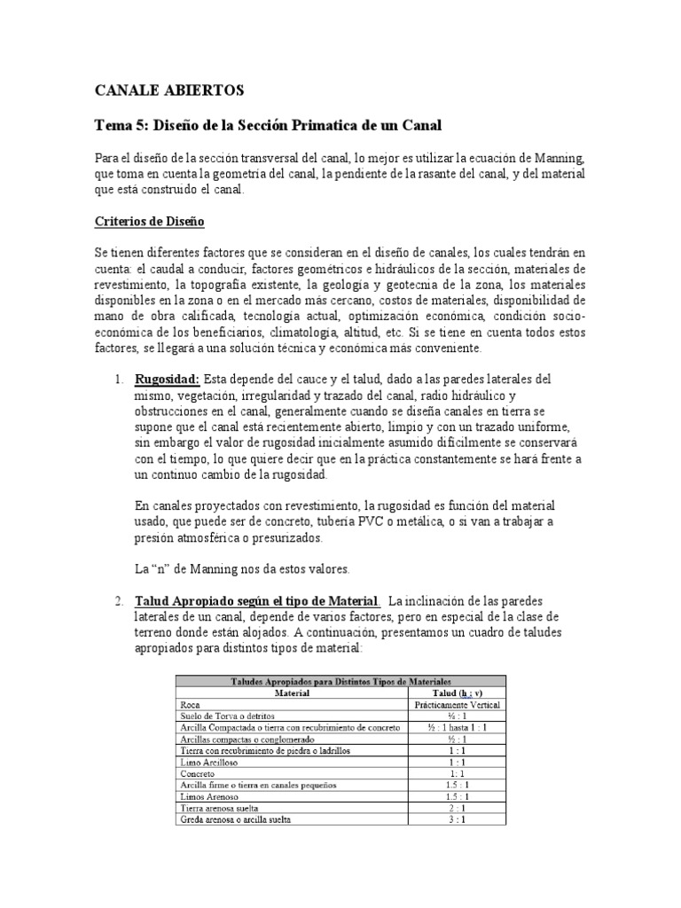 Tema 5 Diseño de Una Sección Prismatica de Un Canal | PDF | Canal ...