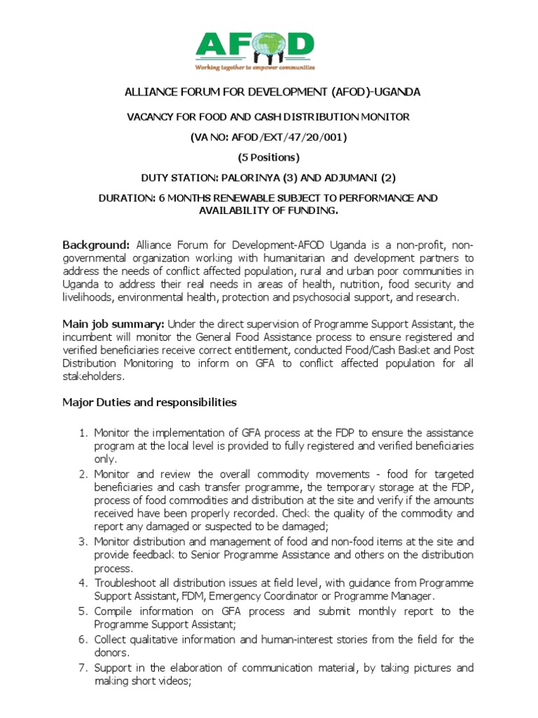 AD TOR Food and Cash Distribution Monitor ED Reviewed | PDF | Foods