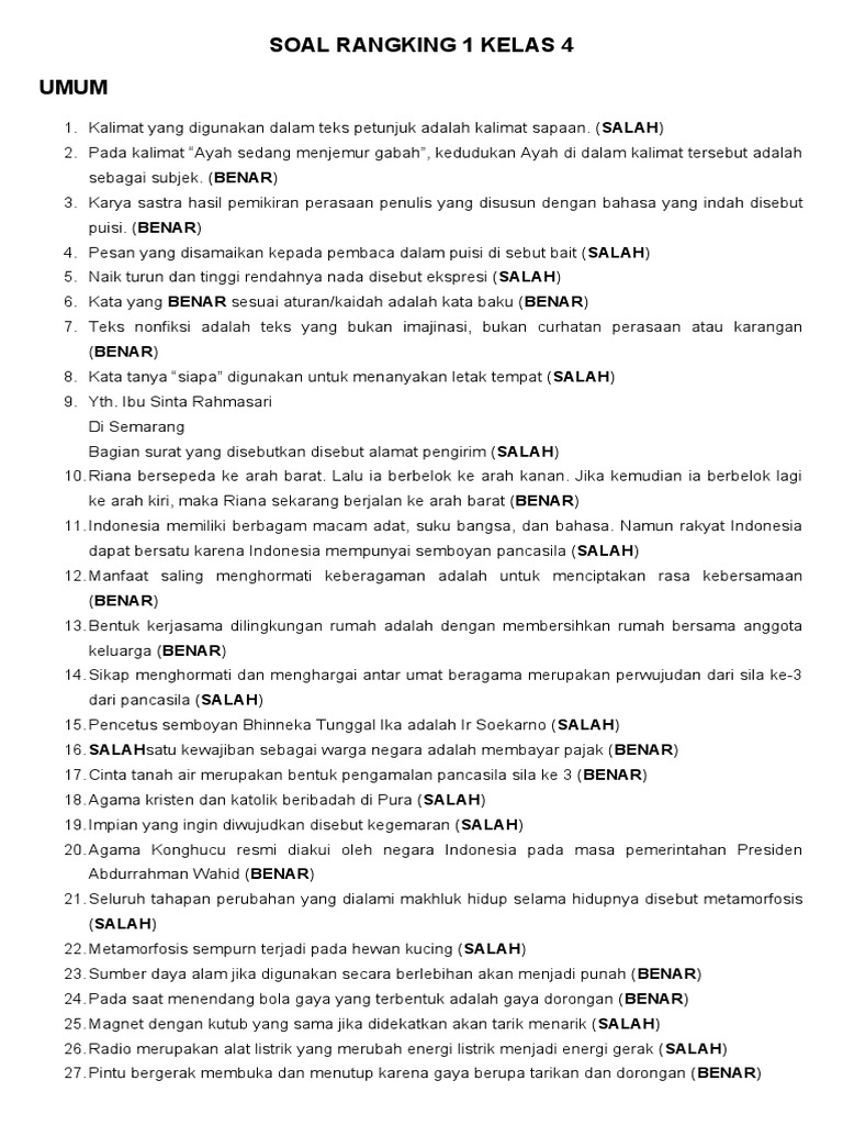 Soal Rangking 1 Kelas 4 | PDF | Agama & Spiritualitas