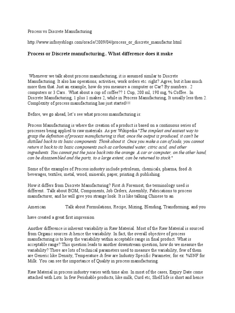 Process Vs Discrete Manufacturing | PDF | Inventory | Business