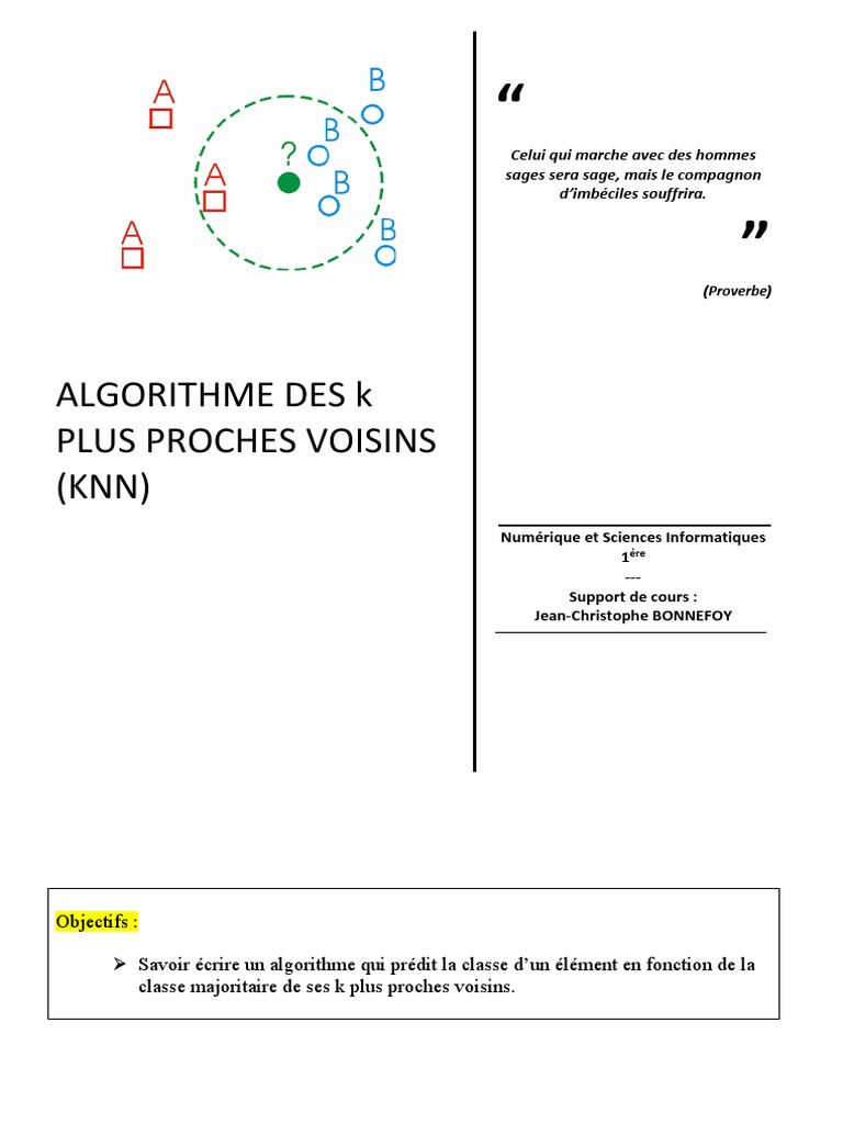 ALGORITHME DES K PLUS PROCHES VOISINS (KNN) | PDF | Distance ...