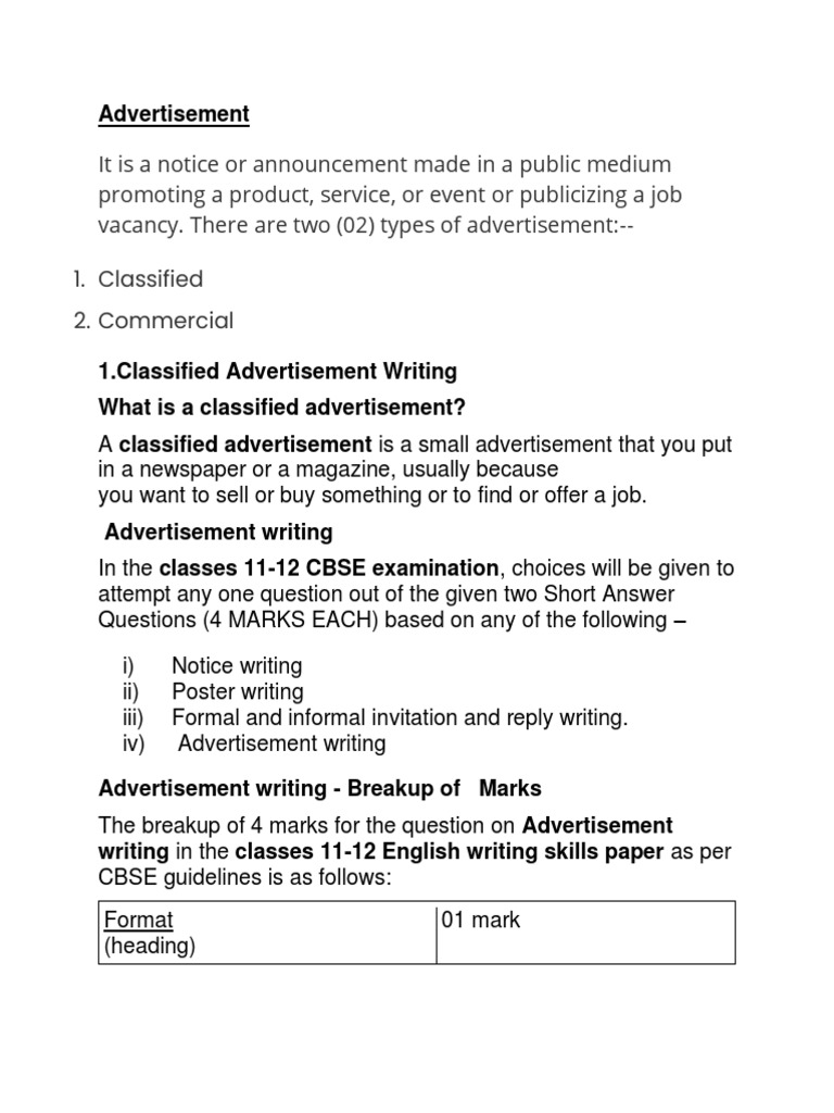 Classified Advertisement Writing For Classes 11-12 | PDF | Advertising ...