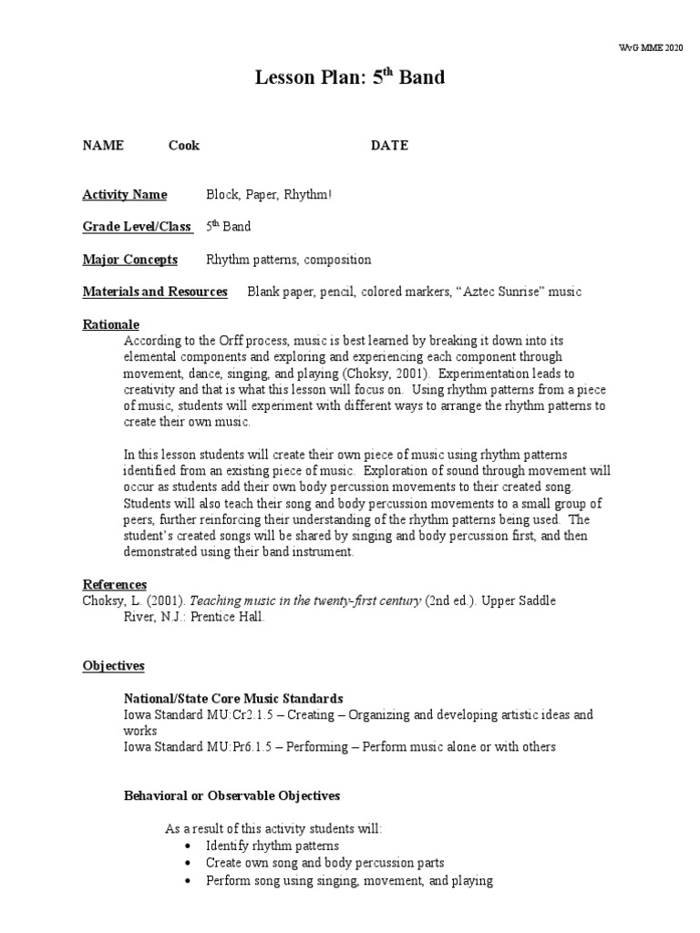 Lesson Plan: 5 Band: Name Cook Date Activity Name Grade Level/Class 5 ...
