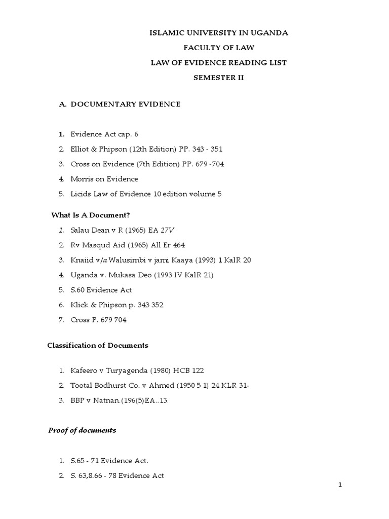 Law of Evidence Reading List Uganda | PDF | Government | Legal Procedure