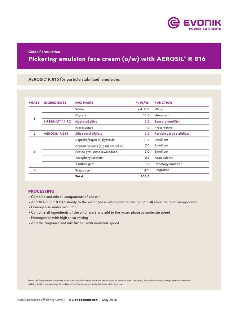 Pickering Emulsion Face Cream (O - W) With AEROSIL® R 816 | PDF | Emulsion | Chemistry