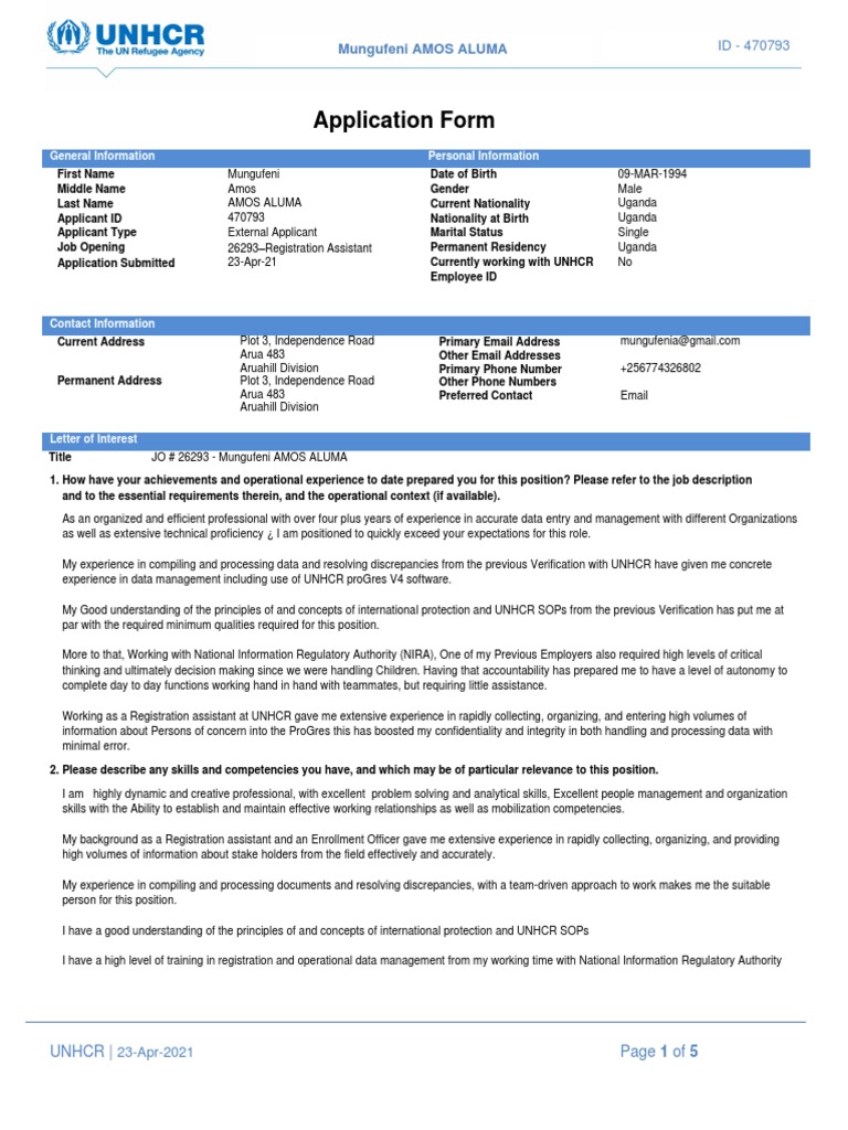 Application Form: Mungufeni AMOS ALUMA | PDF | Refugee | Employment