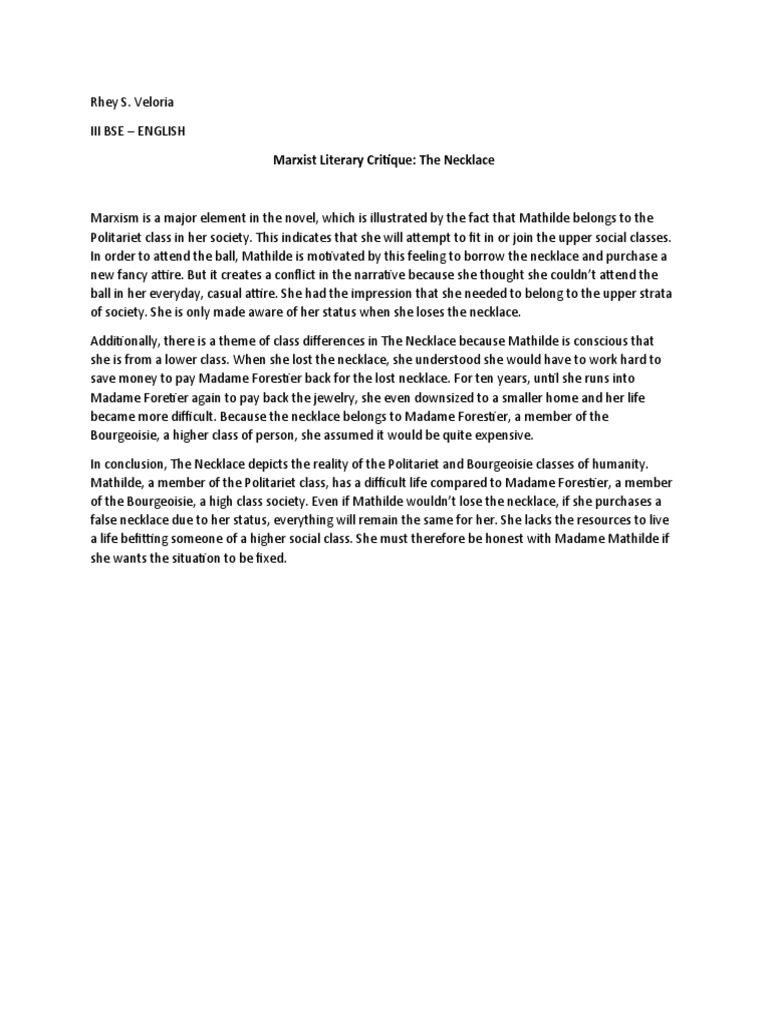 Marxist Critique of "The Necklace" | PDF | Social Science | Lifestyle