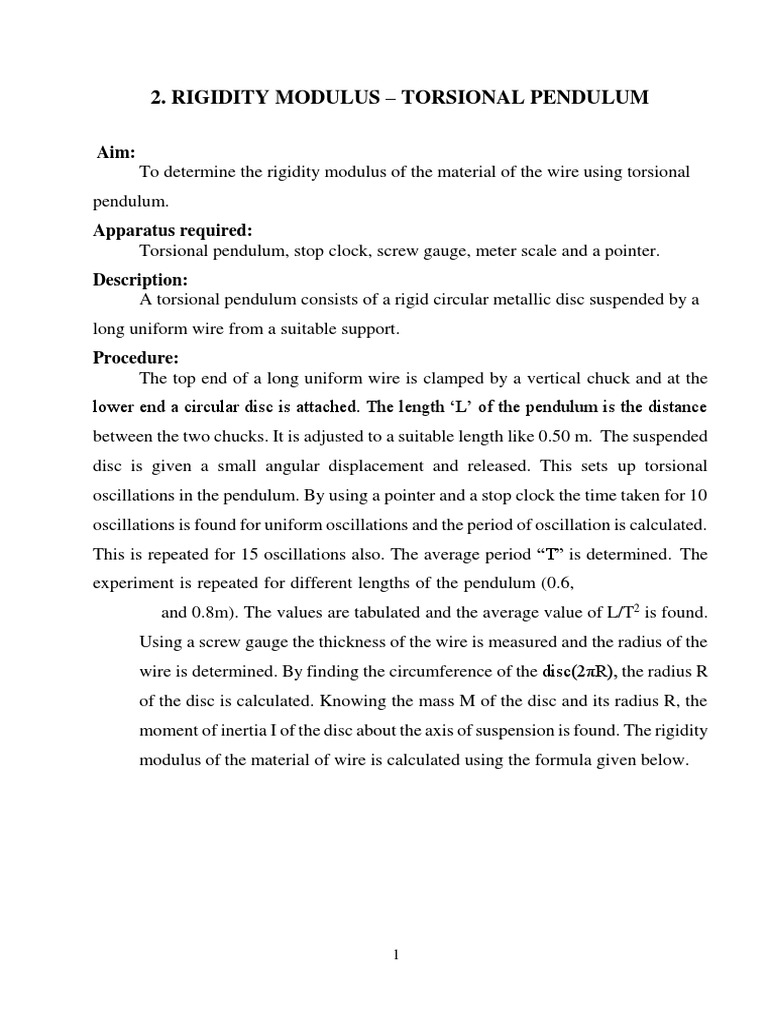 Rigidity Modulus - Torsional Pendulum | PDF | Pendulum | Motion (Physics)