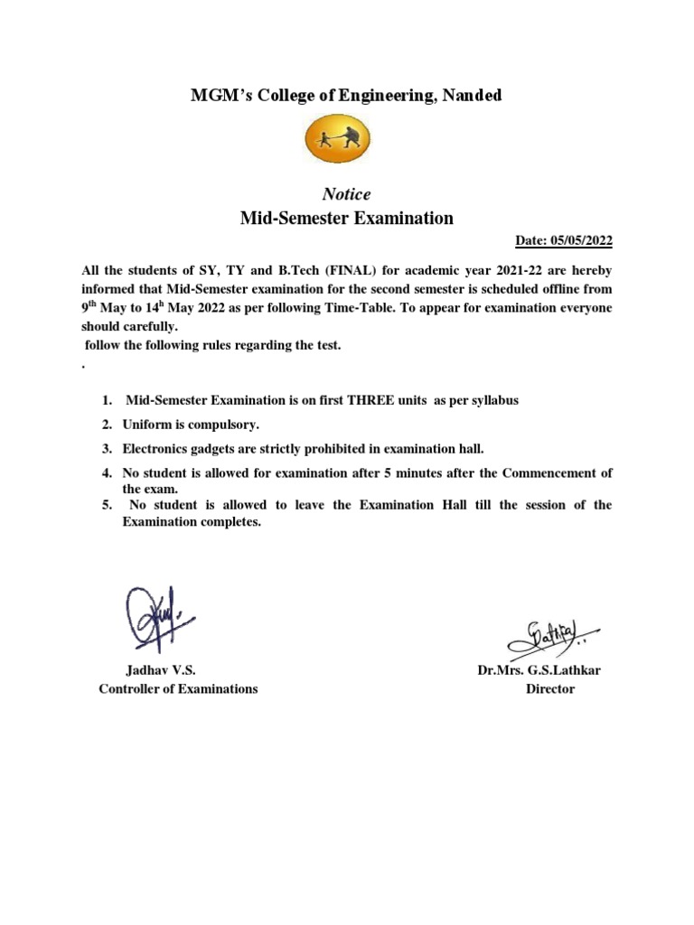 Mid Sem Exam Student Notice | PDF