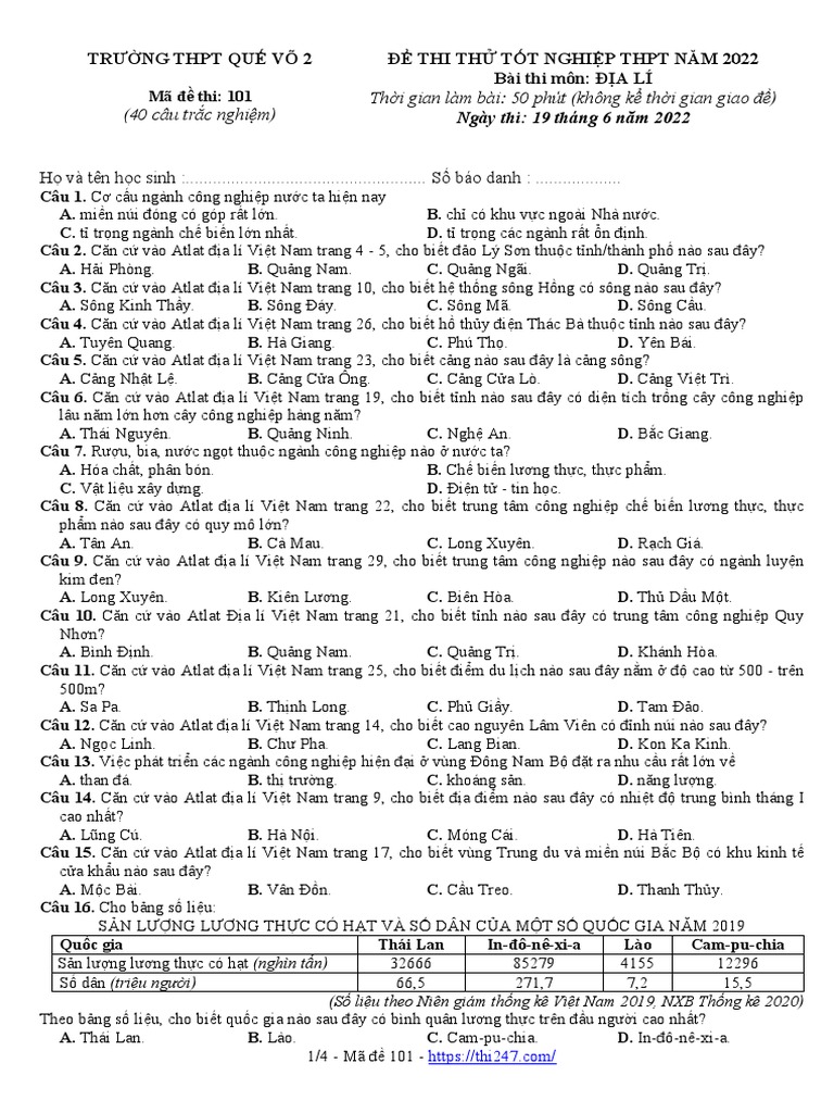 De Thi Thu Tot Nghiep THPT 2022 Mon Dia Li Truong THPT Que Vo 2 Bac ...