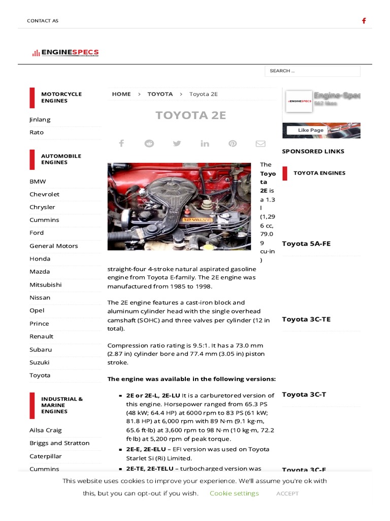 Toyota 2E, 2E-E, 2E-TE (1.3 L) Engine - Review and Specs, Service | PDF ...