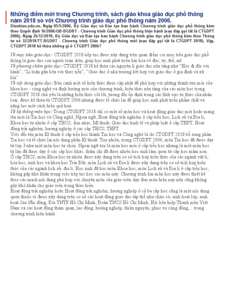 Su Khac Biet Giua Chuong Trinh Nam 2006 Va Nam 2018 | PDF