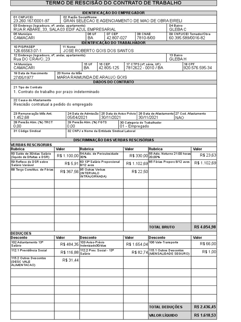 TRCT | PDF | Férias trabalhistas | Relações de trabalho