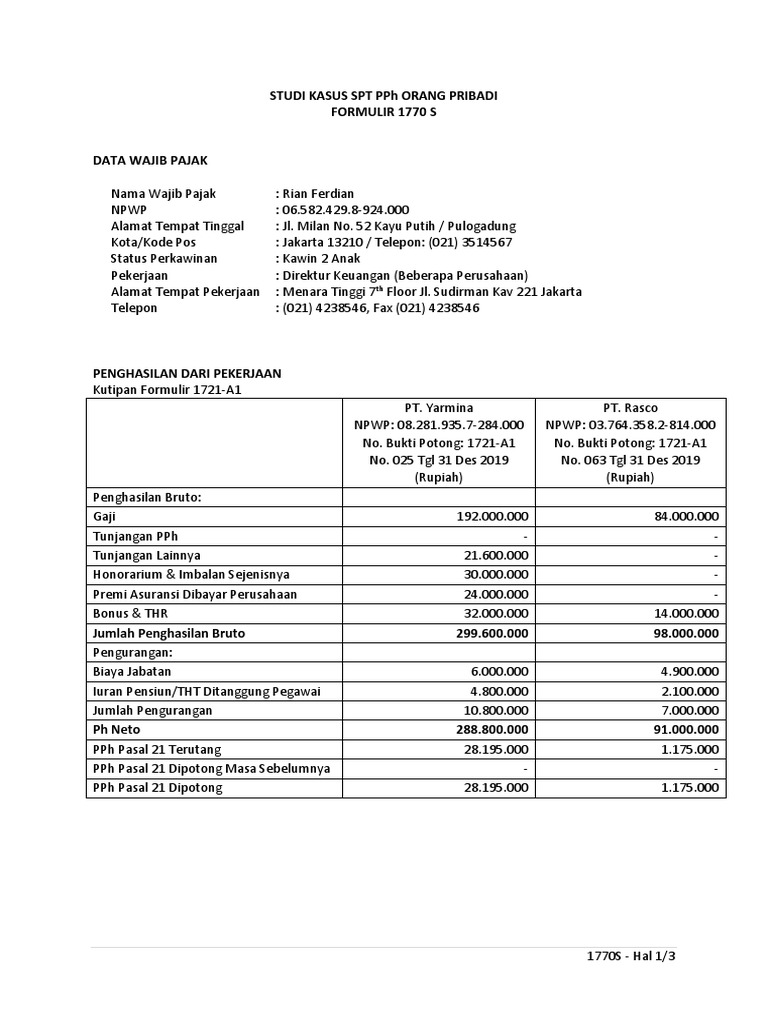 STUDI KASUS SPT PPH ORANG PRIBADI FORMULIR 1770 S | PDF | Pengelolaan Keuangan & Uang